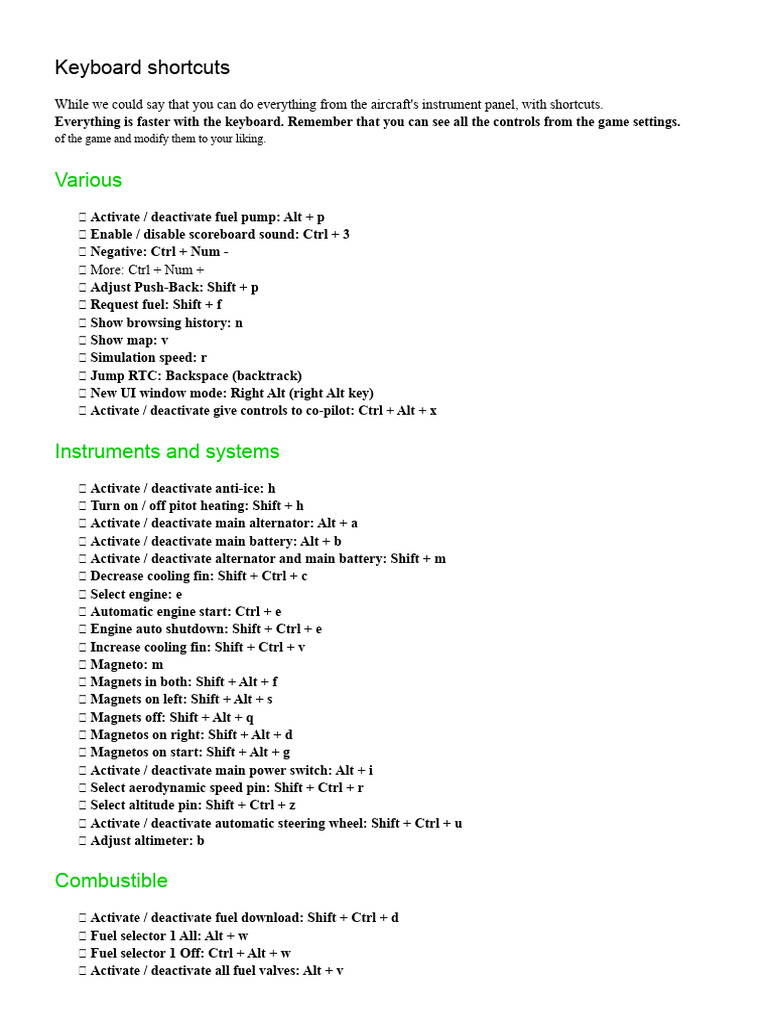 FS 2020 Keyboard Shortcuts | PDF | Flight Control Surfaces | Aircraft