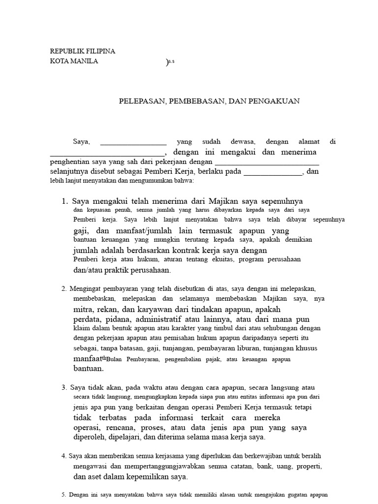 Surat Pelepasan dan Pengakuan Kerja | PDF
