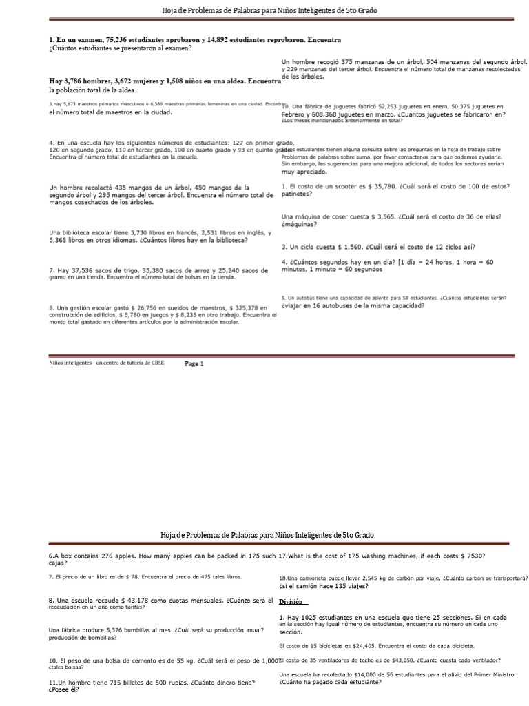 Problema de Palabras de Matemáticas de 5to Grado | PDF | Teoría de los ...