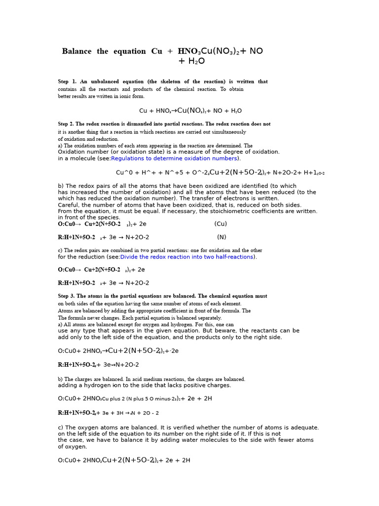Balancing Cu + HNO3 Reaction | PDF | Redox | Chemical Reactions