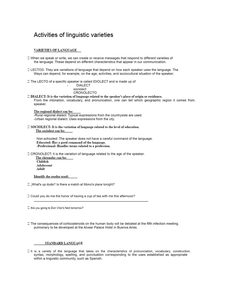 Activities of Linguistic Varieties | PDF | Dialect | Language Varieties ...
