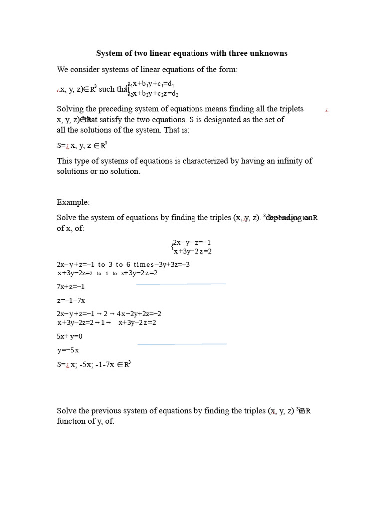 System of Two Linear Equations With Three Unknowns | PDF | Equations ...