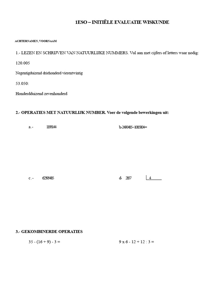 Initiële Evaluatie Wiskunde 1ESO | PDF