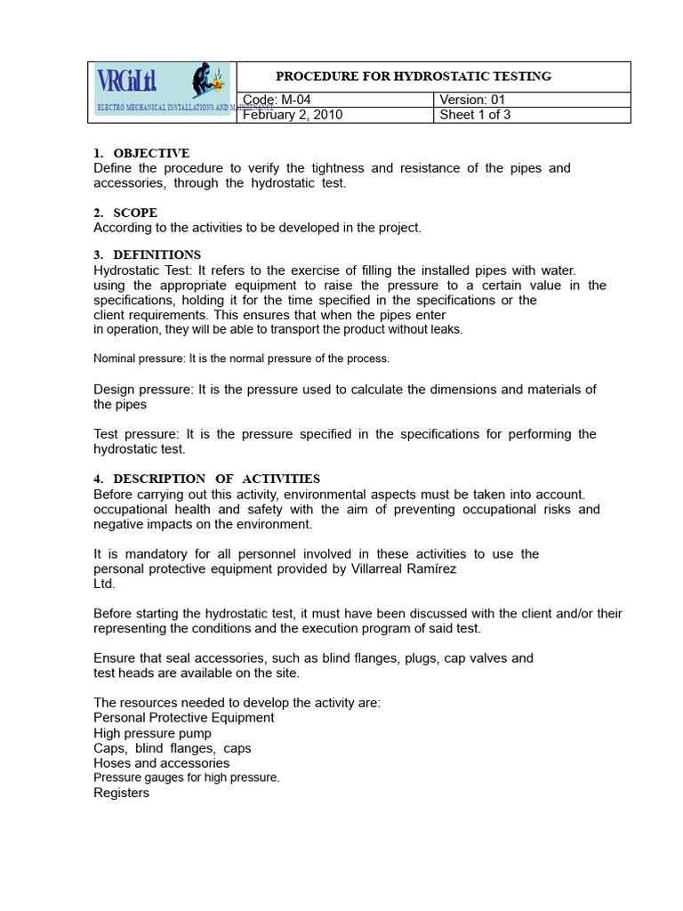 Hydrostatic Testing Procedure Guide | PDF | Pipe (Fluid Conveyance) | Leak