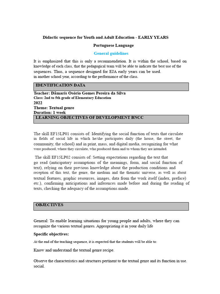 Text Genre Recipe - Didactic Sequence For EJA | PDF | Recipe | Genre