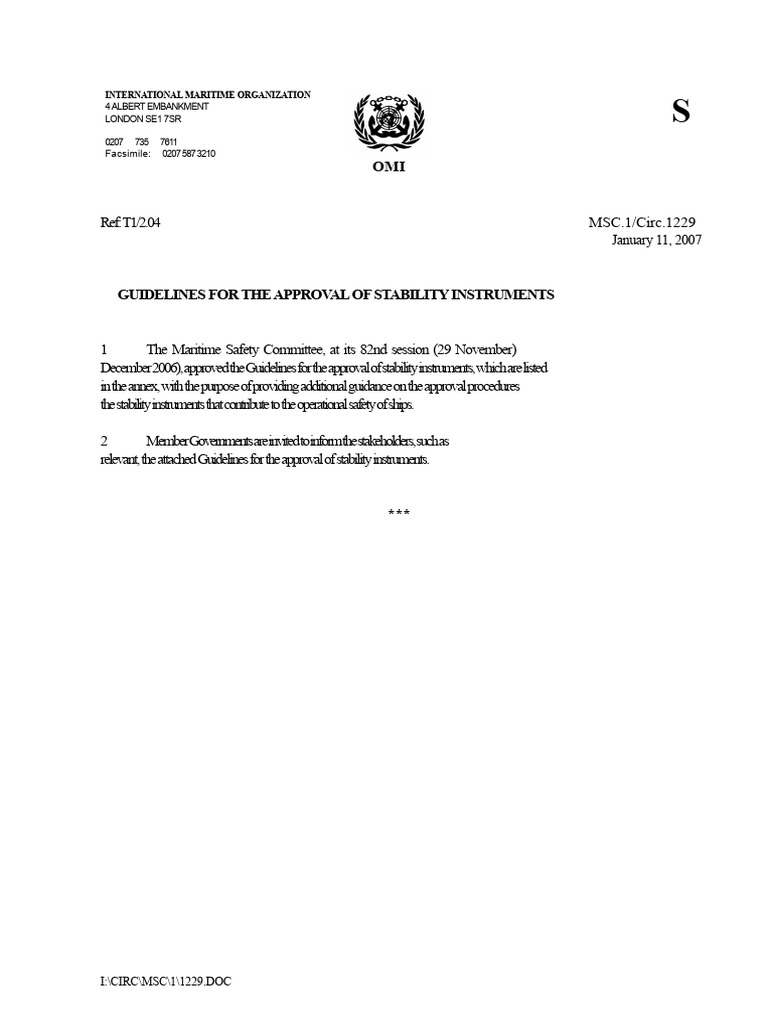 MSC.1-Circ.1229 - Guidelines For The Approval of Stability Instruments (Secretariat) | PDF ...
