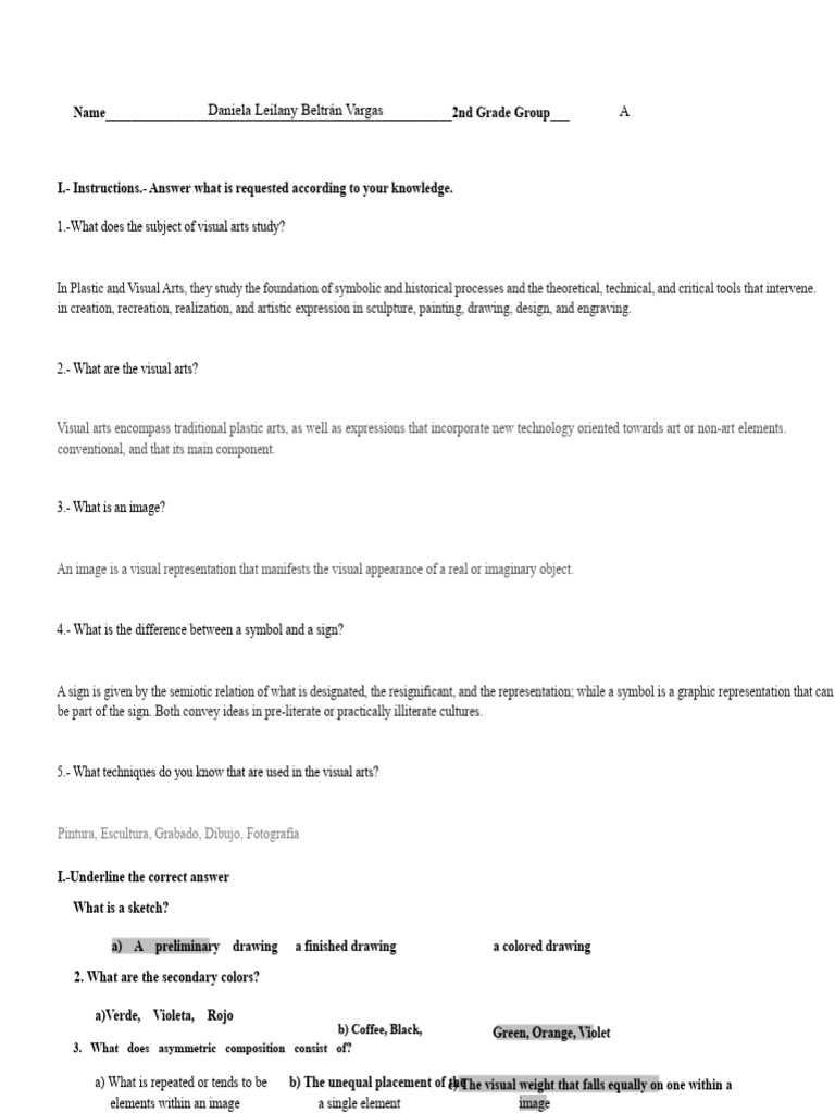 Diagnostic exam of 2 arts answered | PDF | Image | Representation (Arts)