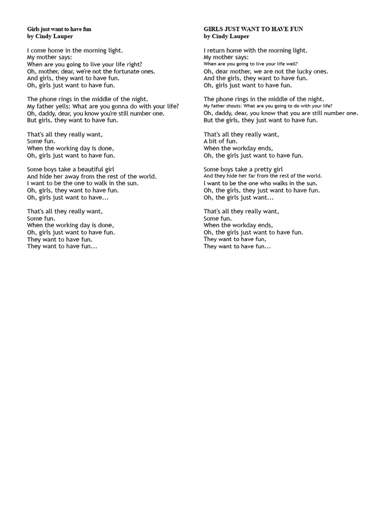 Girls Just Want to Have Fun Lyrics | PDF