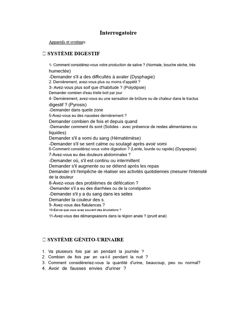 Interrogatoire médical : systèmes et symptômes | PDF | Urine | Sommeil