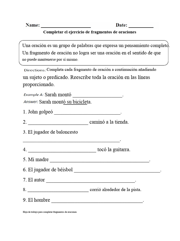 Completando Fragmentos de Oraciones 1 | PDF