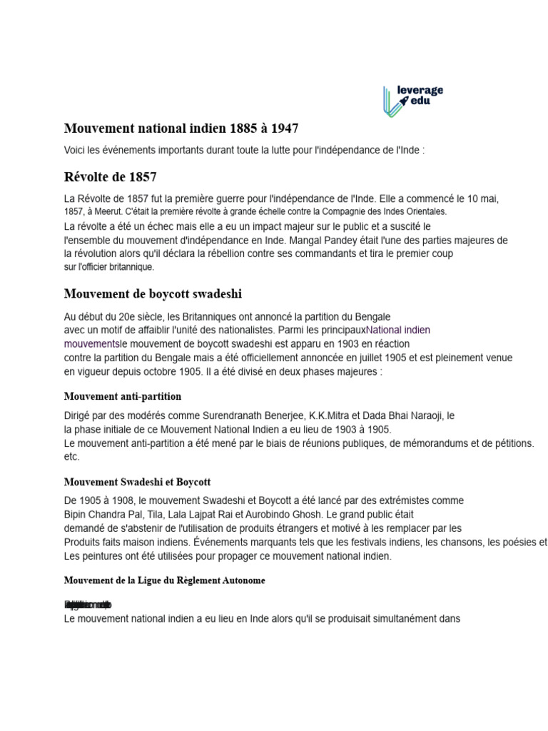 Histoire du mouvement national indien 1885-1947 | PDF | Raj britannique ...