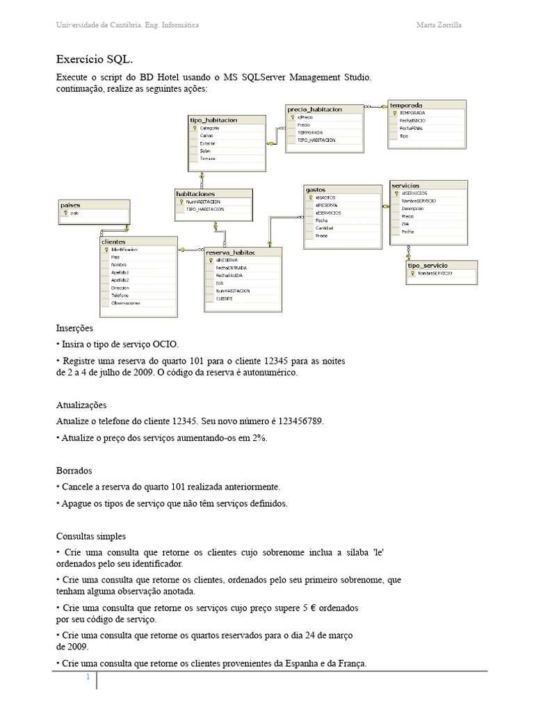 Exercício SQL: Gestão de Reservas e Serviços | PDF | Tabela (banco de ...