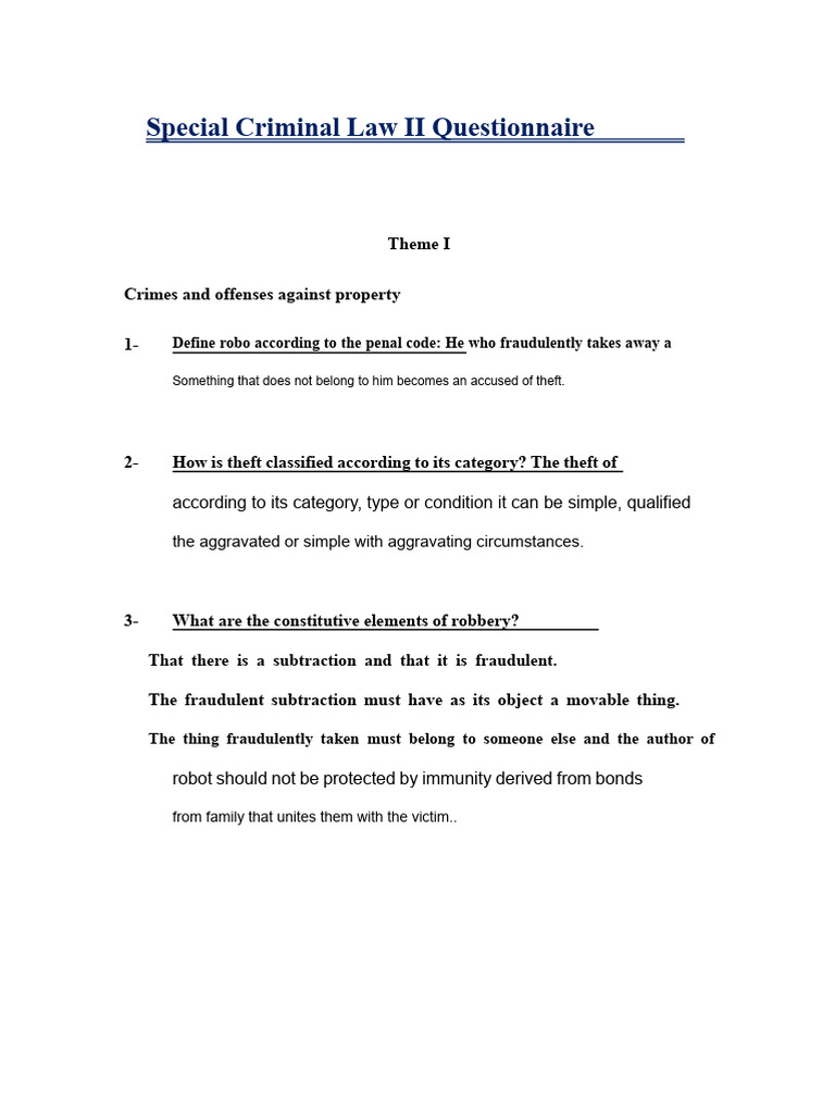 Special Criminal Law II Questionnaire | PDF | Robbery | Crimes