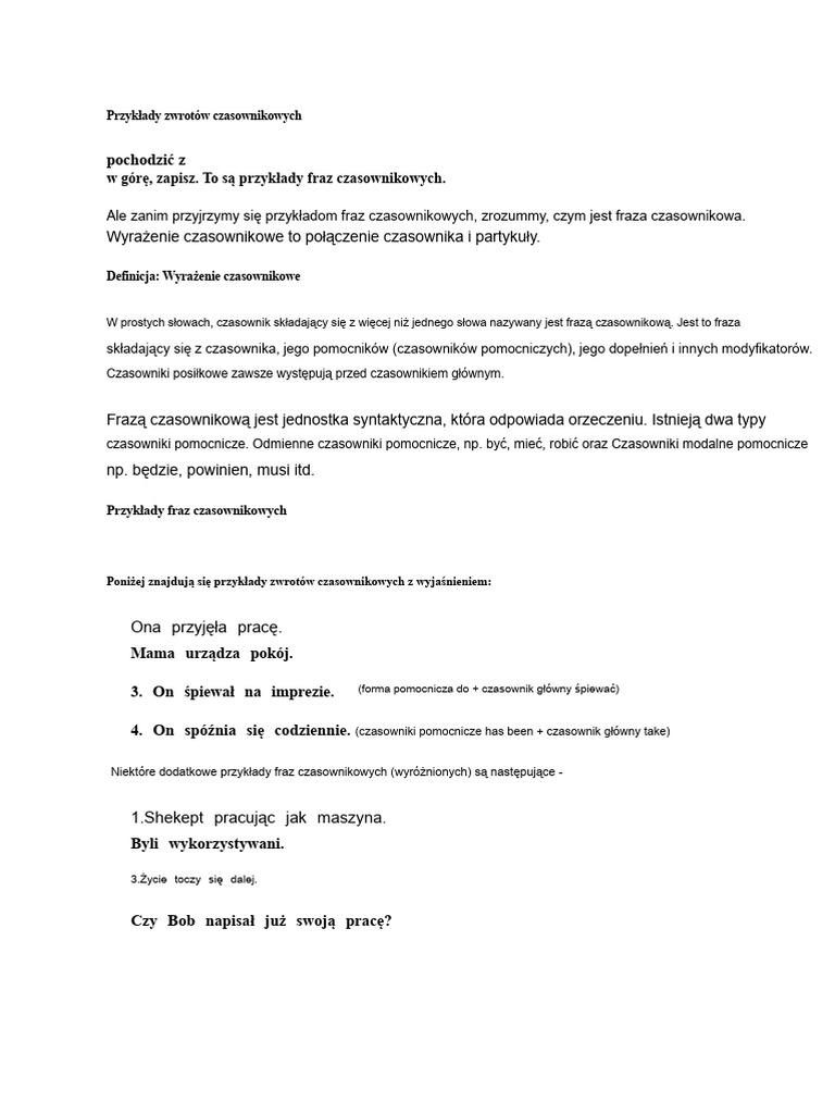 Przykłady Fraz Czasownikowych | PDF