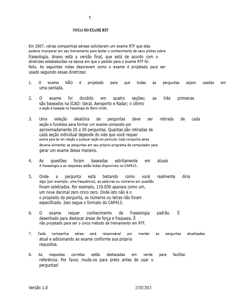 Exame RTF para Pilotos: Diretrizes e Questões | PDF | Segurança da ...