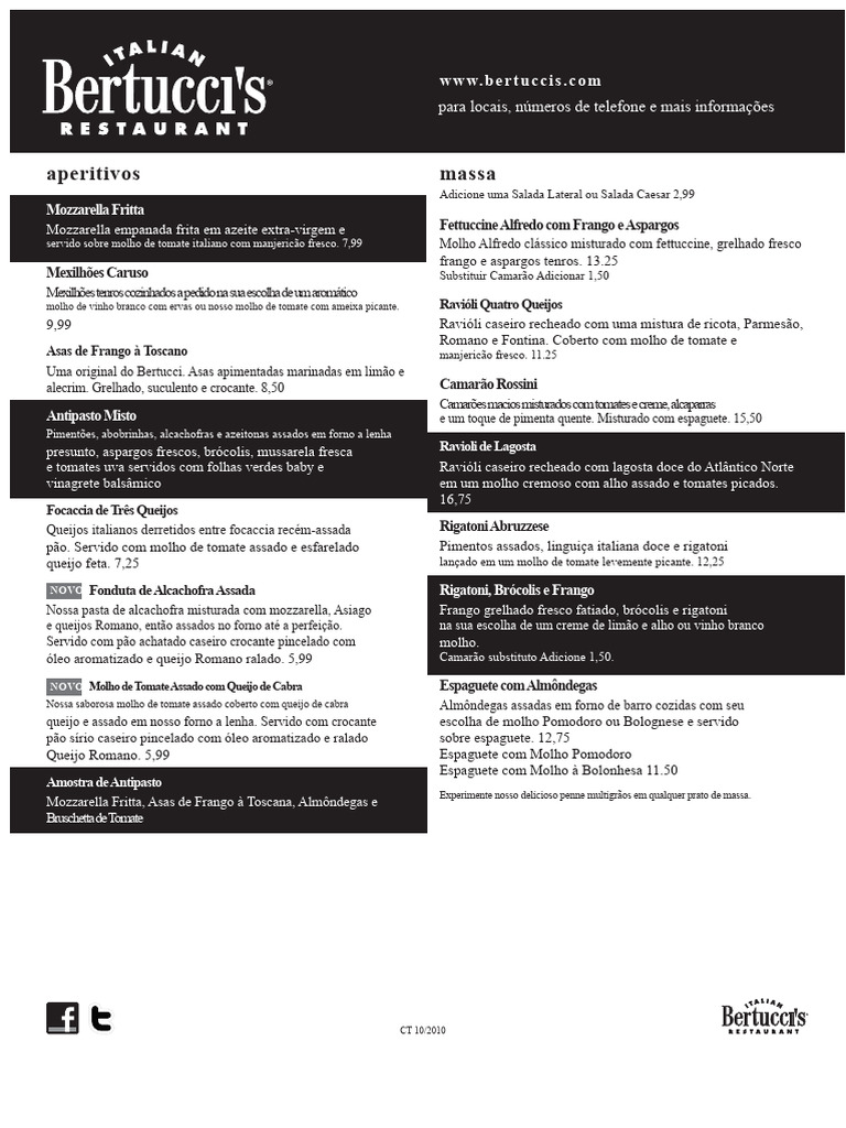 Menu Variado do Bertucci's: Pratos Italianos | PDF | Pizza | Queijo
