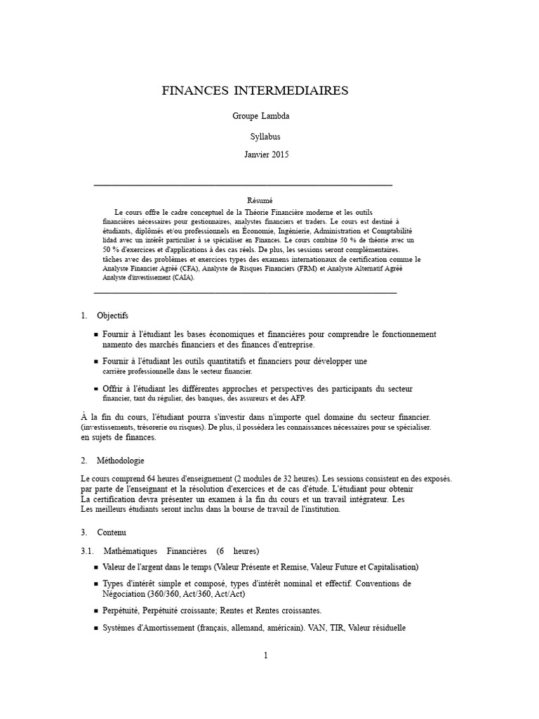 Cours de Finances Intermédiaires 2015 | PDF | Comptabilité | Produit ...