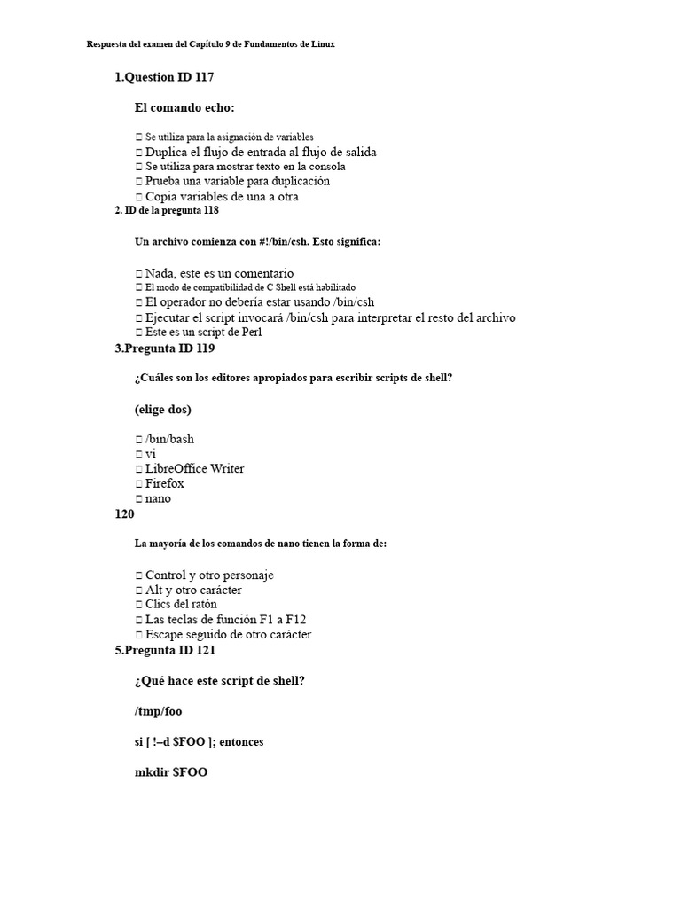 Examen de La Capítulo 9 de Fundamentos de Linux | PDF | Shell (informática) | Ingeniería Informática