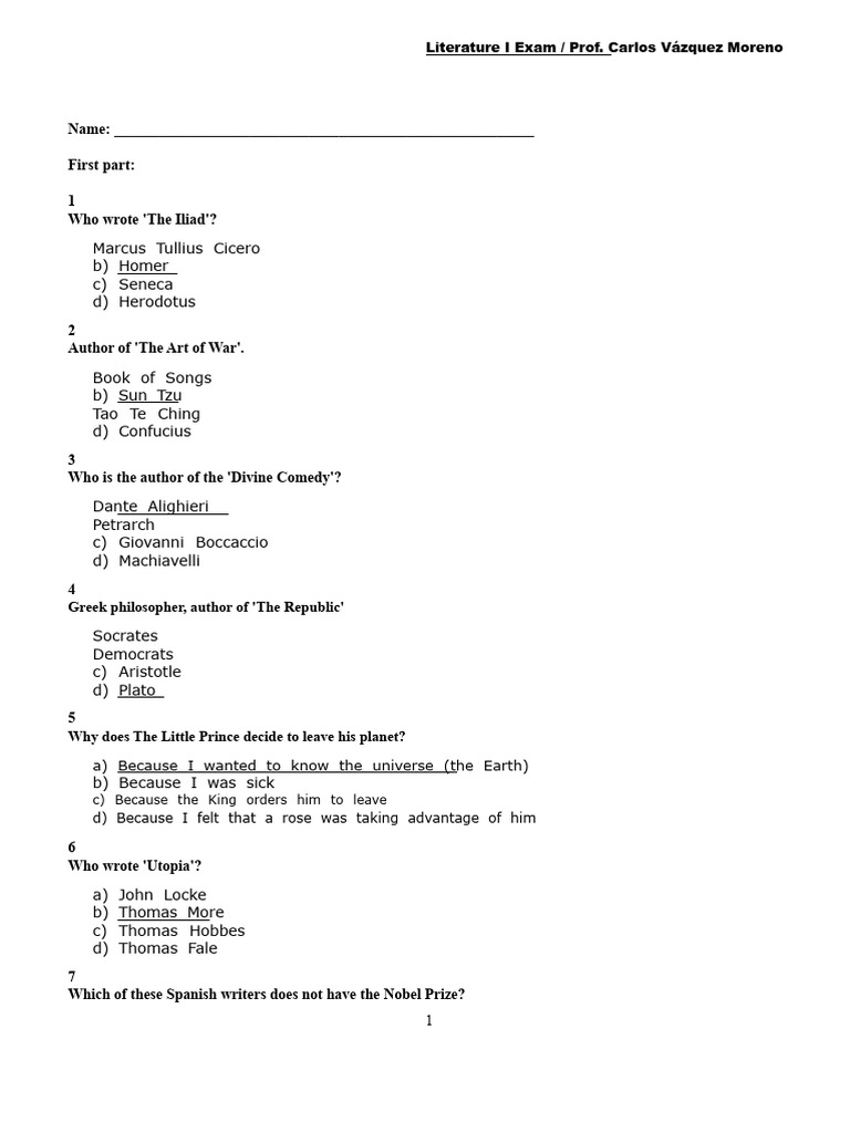 Literature I Exam With Answers | PDF | Othello | William Shakespeare