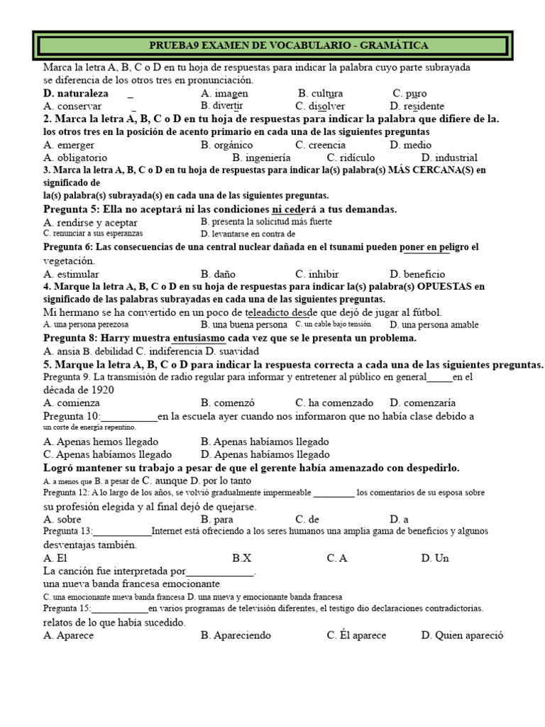 Examen de Vocabulario y Gramática | PDF