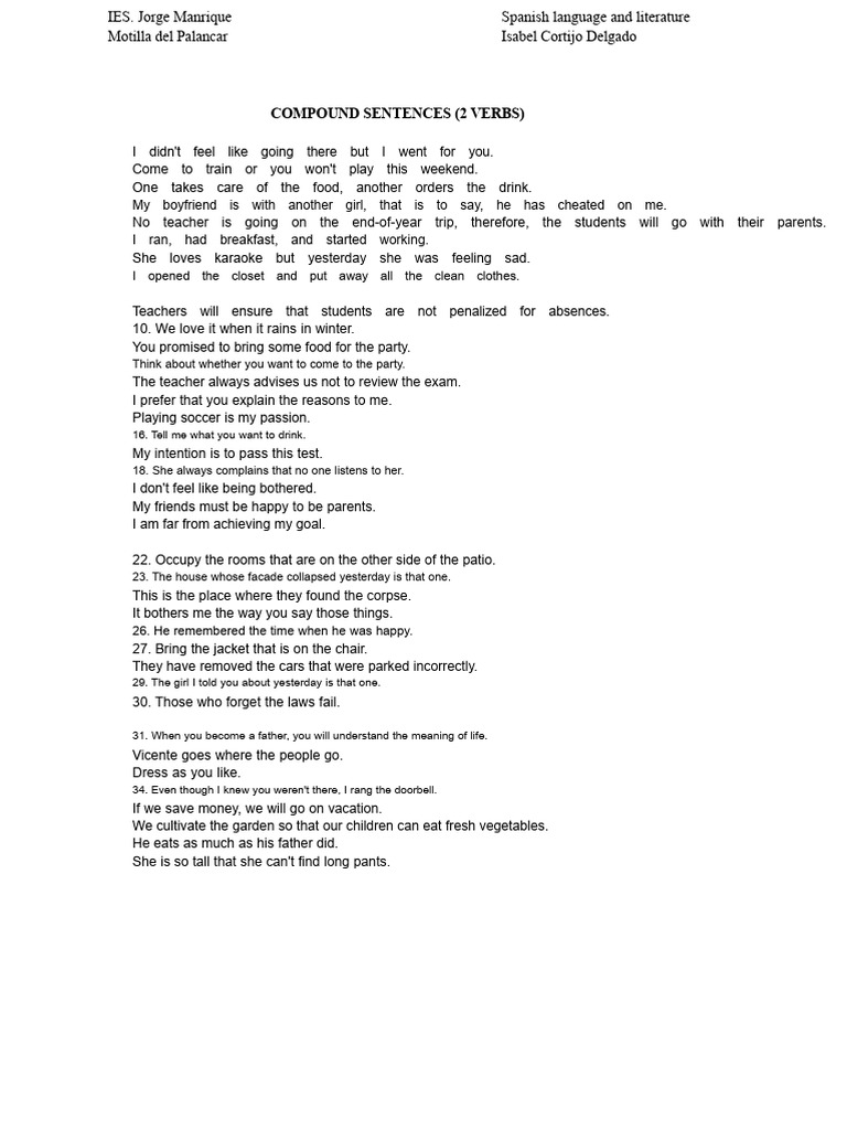 Compound Sentences (2 Verbs) | PDF