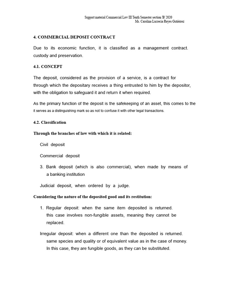 Commercial Deposit Contract and 5. Deposit in General Warehouses | PDF ...