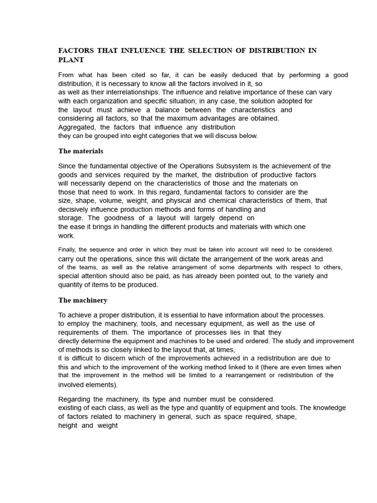 Factors Influencing Plant Distribution Layout | PDF | Machines | Economies