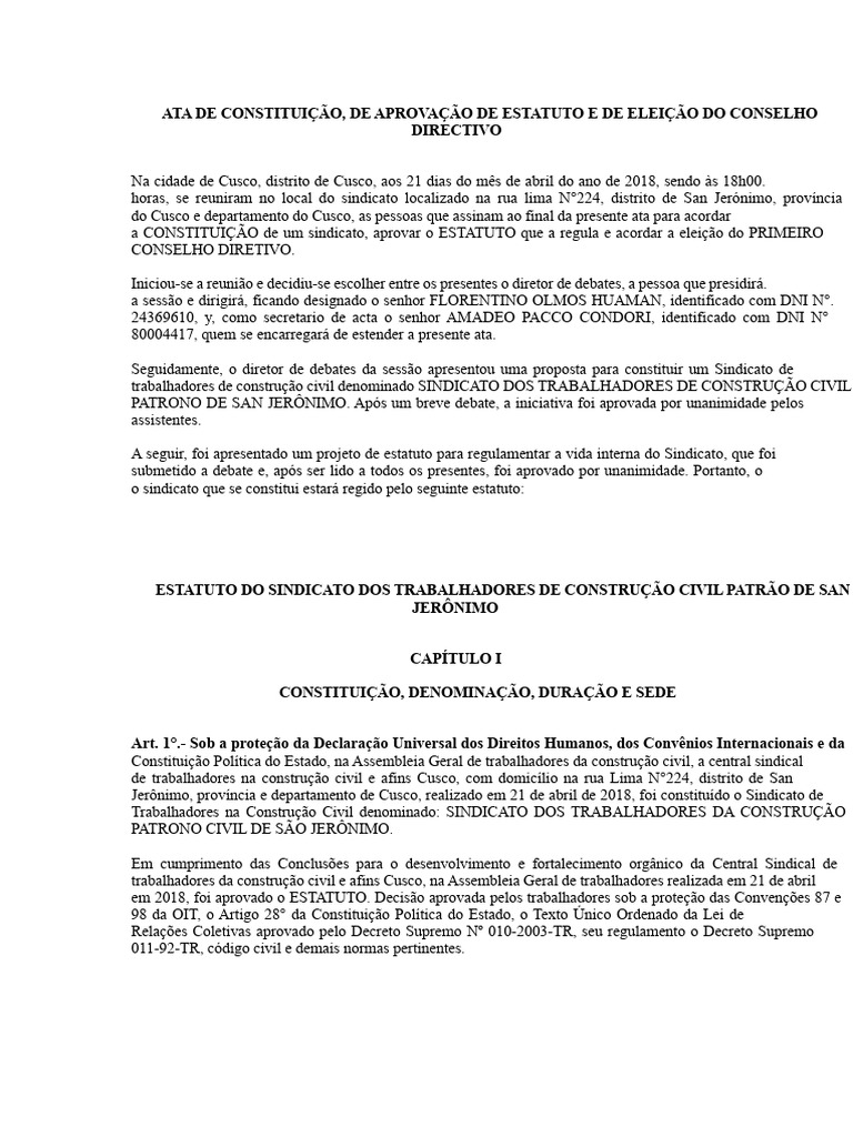 Estatuto do Sindicato - INSTITUTO PERUANO DE DIREITO E GOVERNANÇA | PDF ...