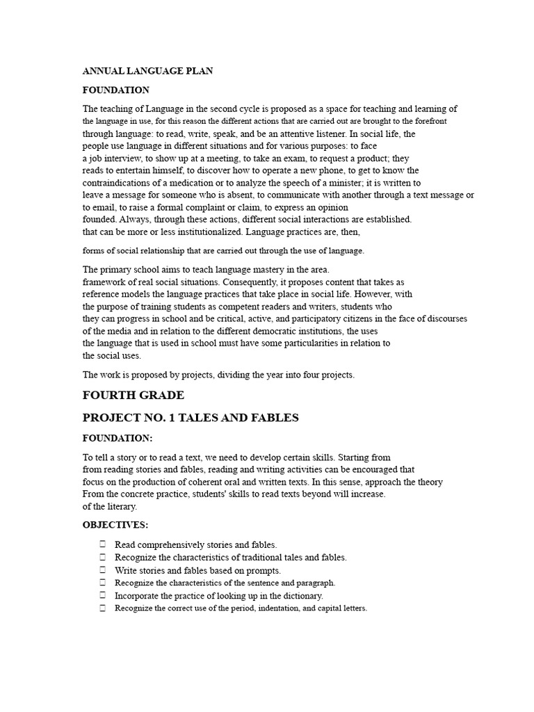 Annual Language Plan for Fourth Grade | PDF | Poetry | Verb
