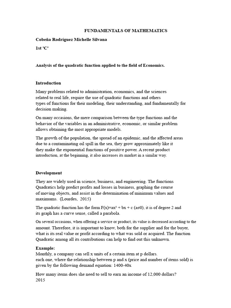 Quadratic Functions in Economics | PDF | Prices | Function (Mathematics)