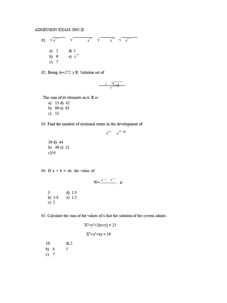 Admission Exam Questions 2005-2009 | PDF | Square Root | Summation