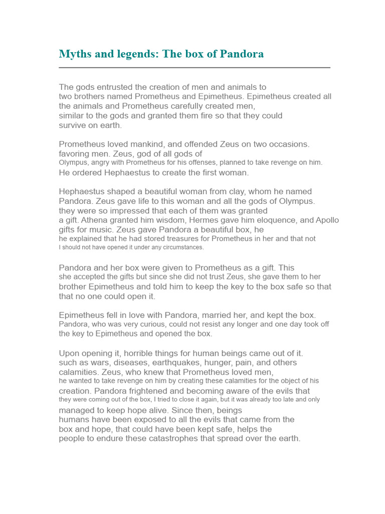 Comprehension Reading Pandora's Box | PDF | Prometheus | Zeus