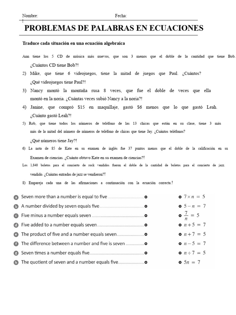 7.2B Problemas de Palabras de Álgebra (Respuesta) | PDF | Matemáticas
