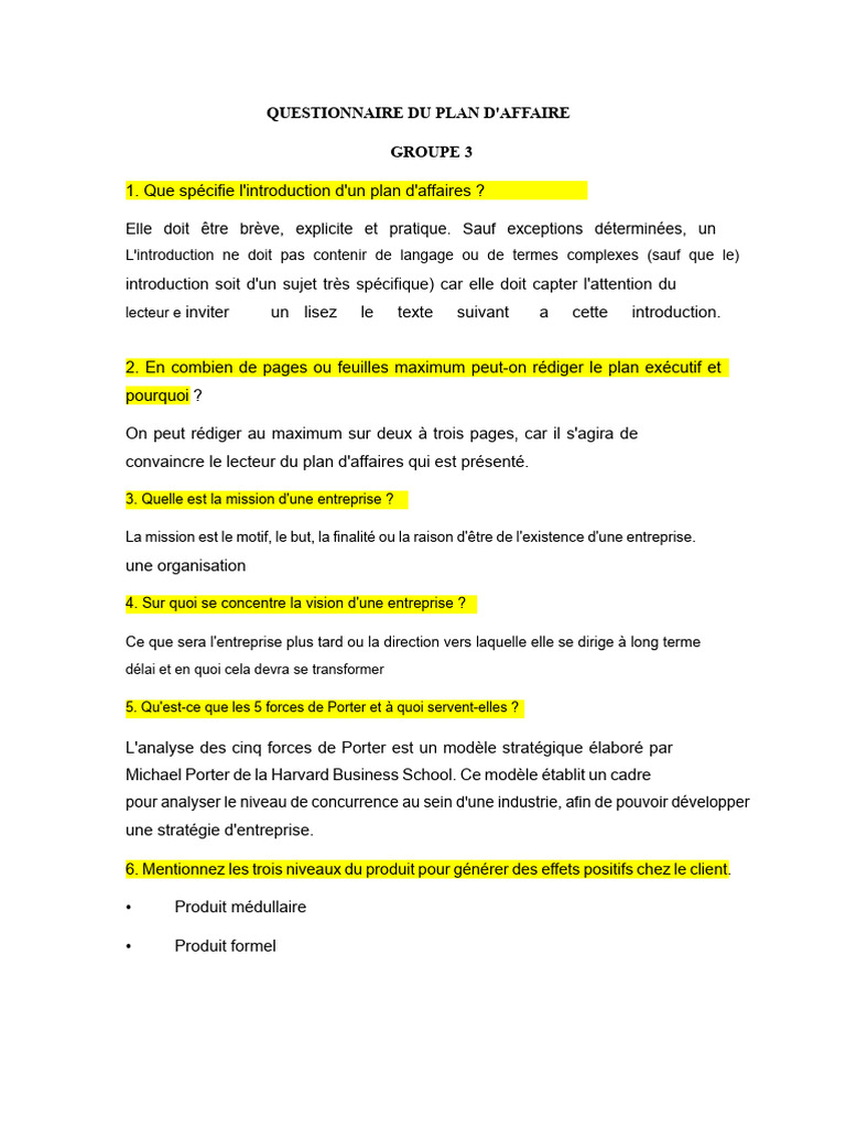 Questionnaire Plan D'affaires | PDF | Plan d'affaires | Business