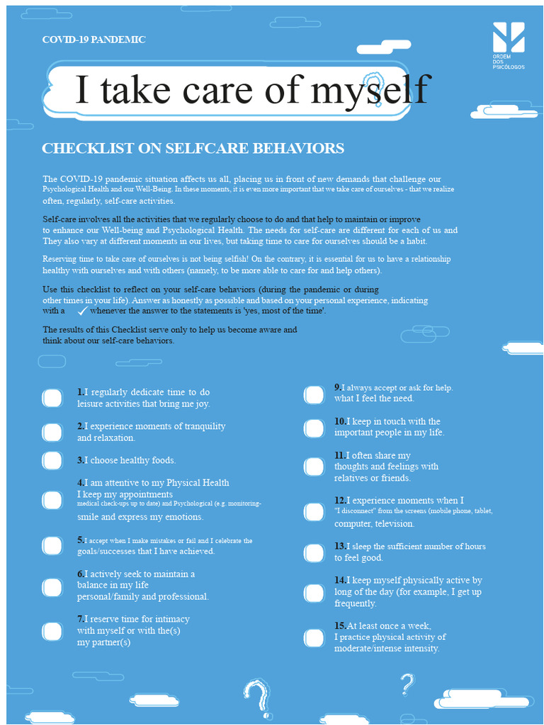 Self-Care Checklist for COVID-19 | PDF | Well Being | Emotions