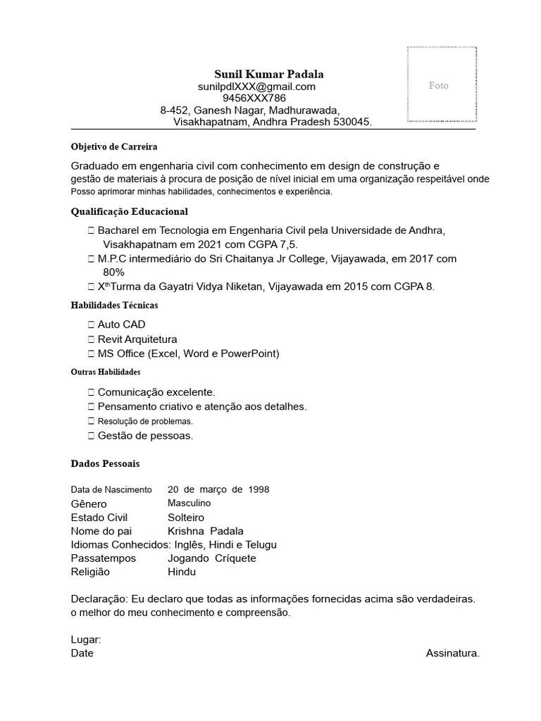 Formato de Currículo para Engenheiro Civil Recém-Formado 1 | PDF