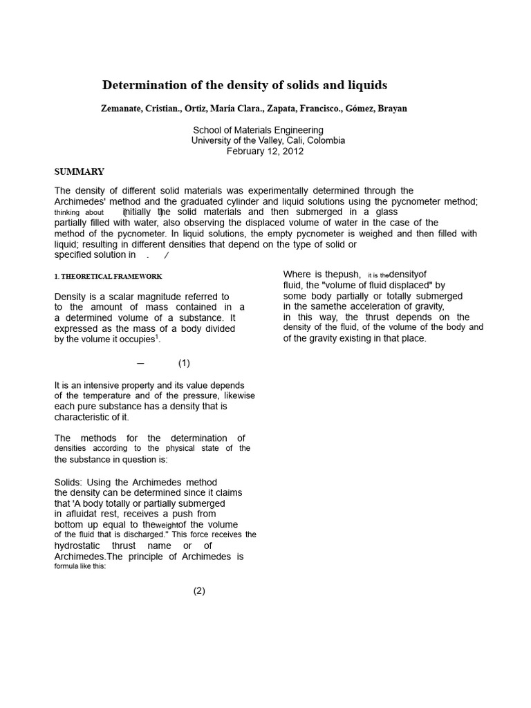 Report Practice 1 Density of Solids and Liquids | PDF