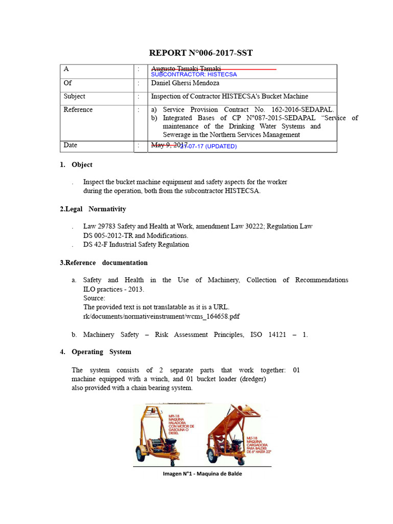 Inspection Report: HISTECSA Bucket Machine | PDF | Occupational Safety ...