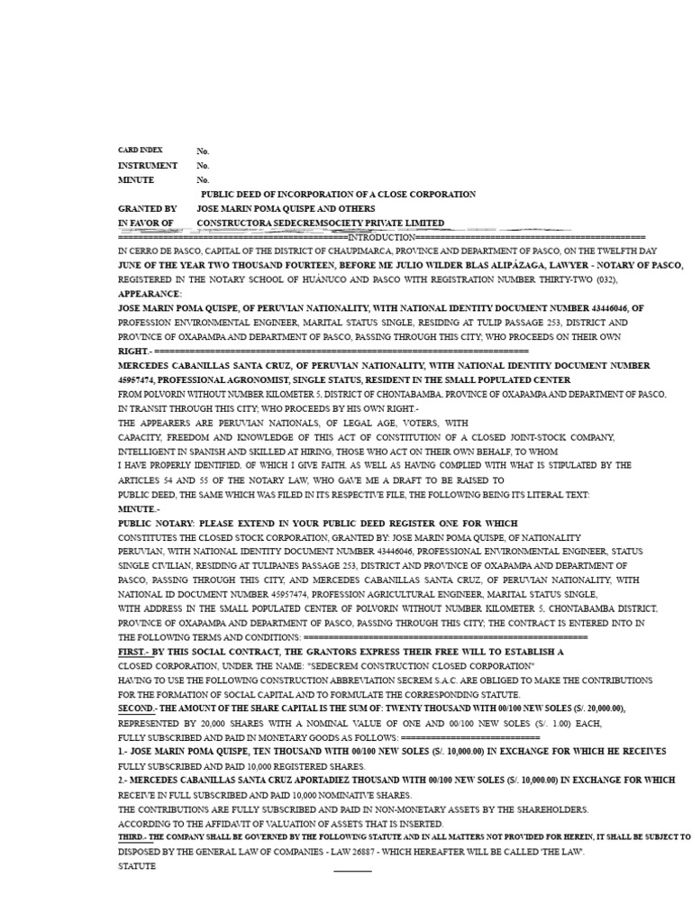 Public Deed of Constitution of S.A.C. (Construction Company Sedecrem ...