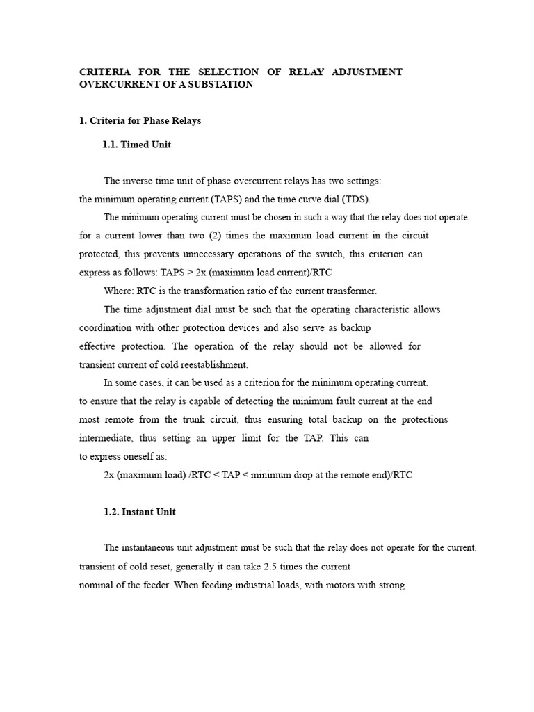 Criteria For Setting Overcurrent Relays | PDF | Relay | Transformer