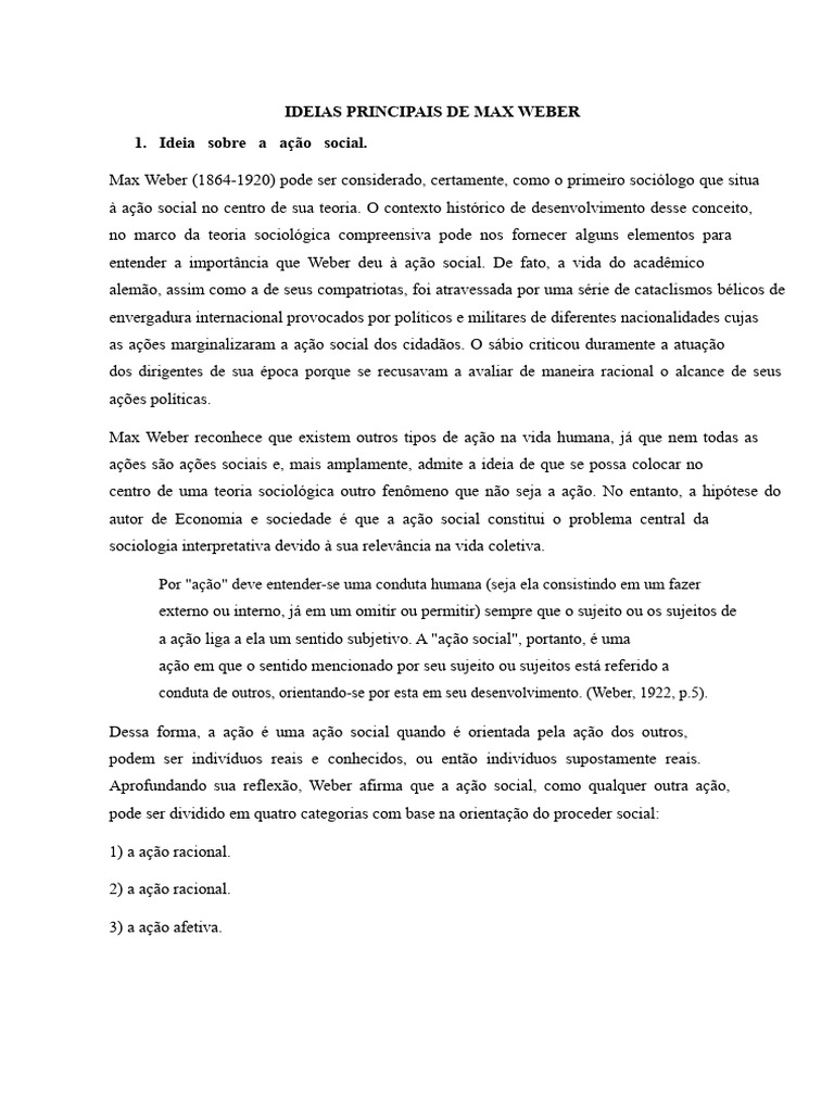 Principais Ideias de Max Weber sobre Ação e Dominação | PDF ...
