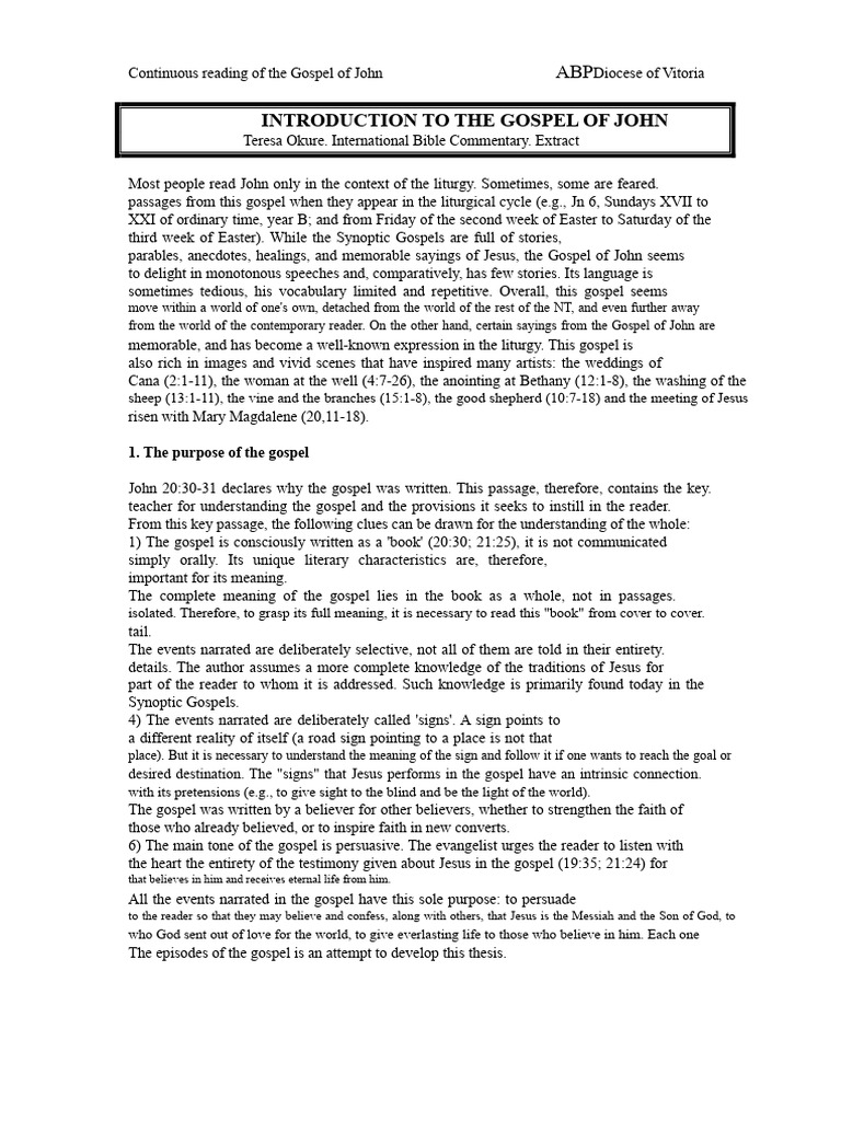 Introduction To The Gospel of John | PDF | Jesus | John The Apostle
