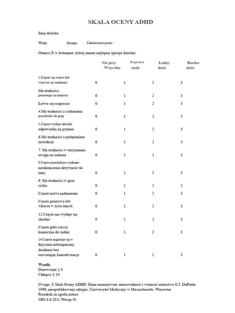 Skala Oceny Adhd | PDF