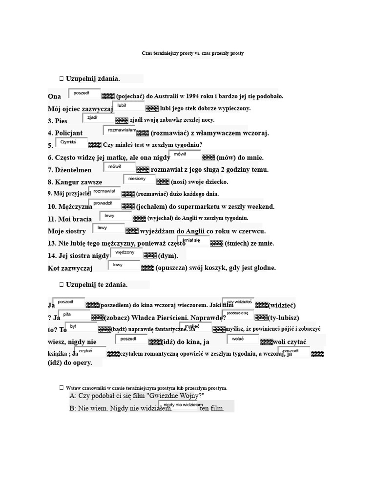 Praca Domowa! Czas Teraźniejszy Prosty vs. Czas Przeszły Prosty | PDF