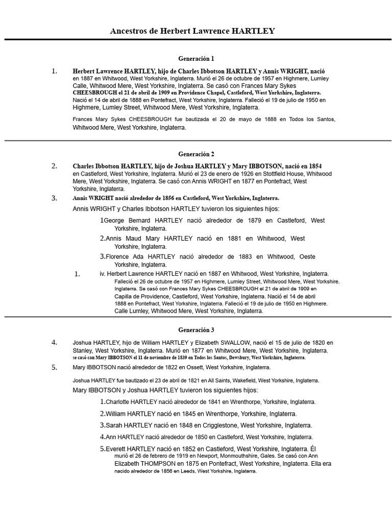 Antepasados de Herbert Lawrence HARTLEY | PDF