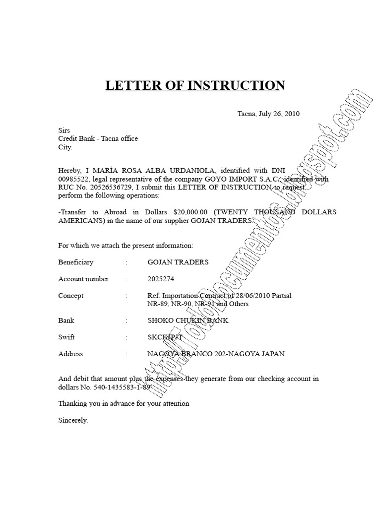 Letter of Instruction for Fund Transfer | PDF