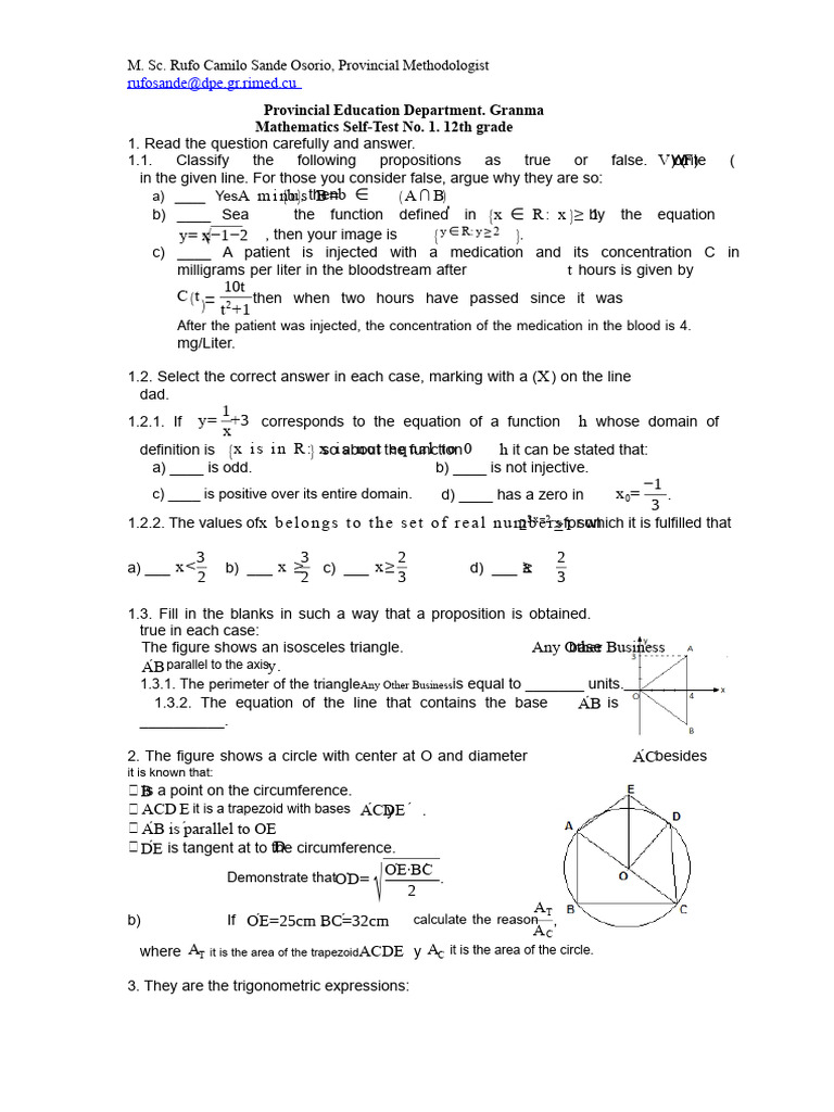 Self-Exam No. 1 Mathematics 12th Grade. 13-4-2020 | PDF | Function ...