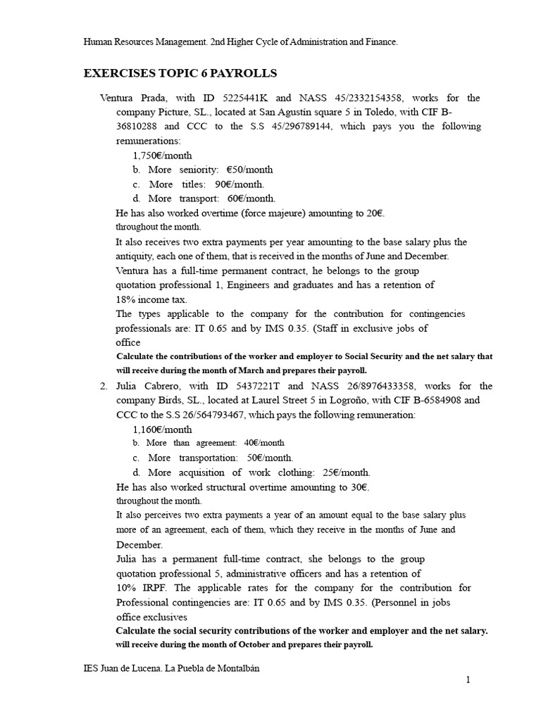 Exercises Topic 6 Payrolls | PDF | Salary | Payroll