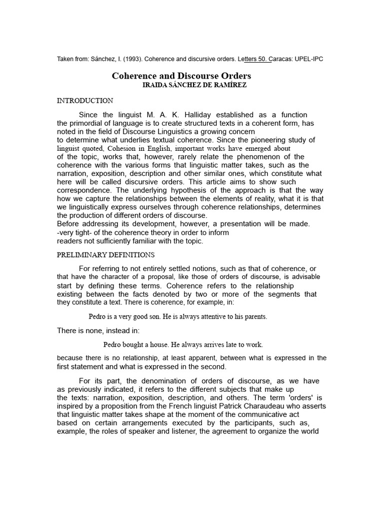 Coherence and Order of Discourse | PDF | Narrative | Discourse