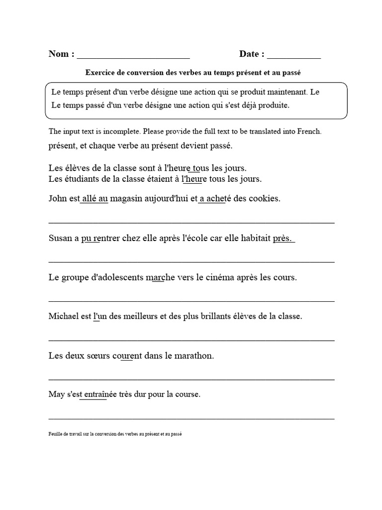Feuille de Travail Sur Les Verbes Au Présent Et Au Passé Partie 1 ...